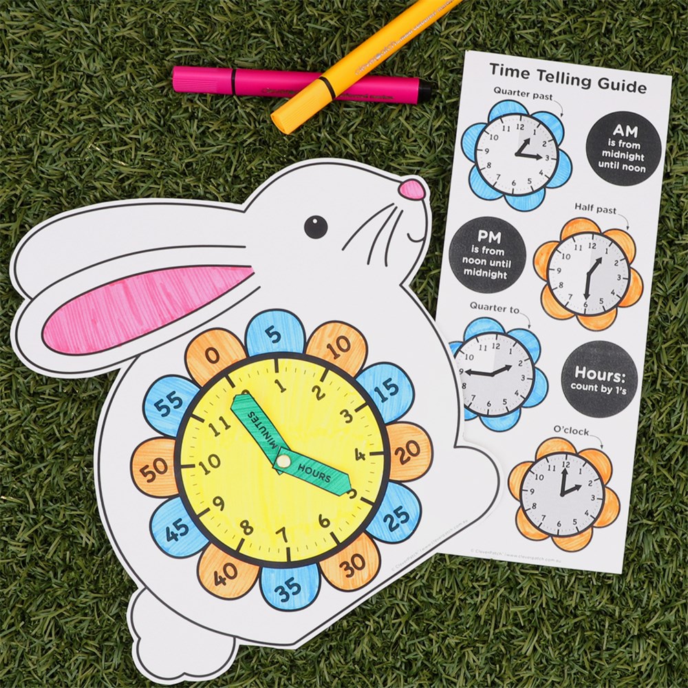 Bunny Clock And Time Telling Guide Paper Card CleverPatch Bunny Clock And Time Telling Guide Paper Card CleverPatch